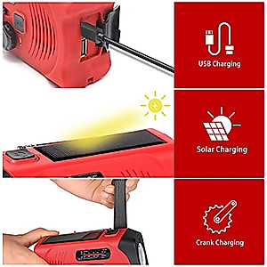 [Upgraded Version] Emergency Weather AM/FM NOAA Solar Powered Wind up Radio with LED Flashlight, 1000/2000mAh Power Bank for Cell Phone and LED Flashlight (Red)