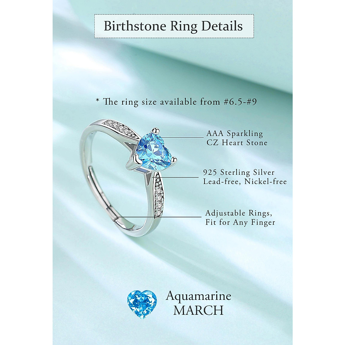 Vito 925 Sterling Silver Birthstone Rings for Women, Adjustable Open Heart Cubic Zirconia March Birthstone Ring Birthday Month Jewelry Gift for Mom Wife Daughter
