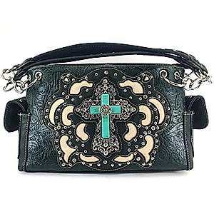 Justin West Tooled Turquoise Stone Cross Rhinestone Laser Cut Shoulder Chain Concealed Carry Handbag Purse Wallet Messenger (Olive Handbag and Wallet)
