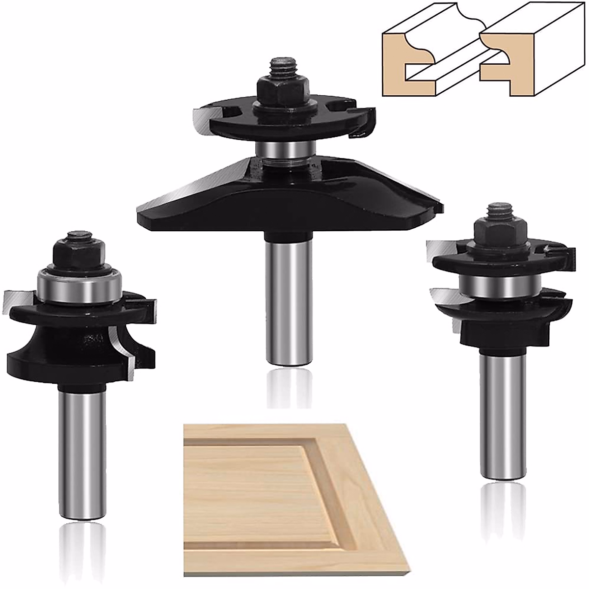 LEATBUY 1/2 Inch Shank Router Bit Set 3 PCS Round Over Raised Panel Cabinet Door Rail and Stile Router Bits, Woodworking Wood Cutter, Wood Groove Tongue Milling Tool(1/2-double)