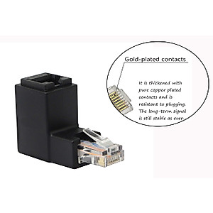 CERRXIAN 90 Degree Ethernet LAN RJ45 Male to Female, Right Angle Network Cat5 / Cat5e / Cat6 Extender Adapter(2-Pack) Black,(Up Angle)