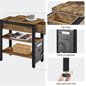 Yaheetech Narrow End Table, Flip Top Side Table with Drawer and Shelves, Wooden Nightstand Bedside Table with Removable Fabric Bag for Living Room/Bedroom/Small Space, Rustic Brown