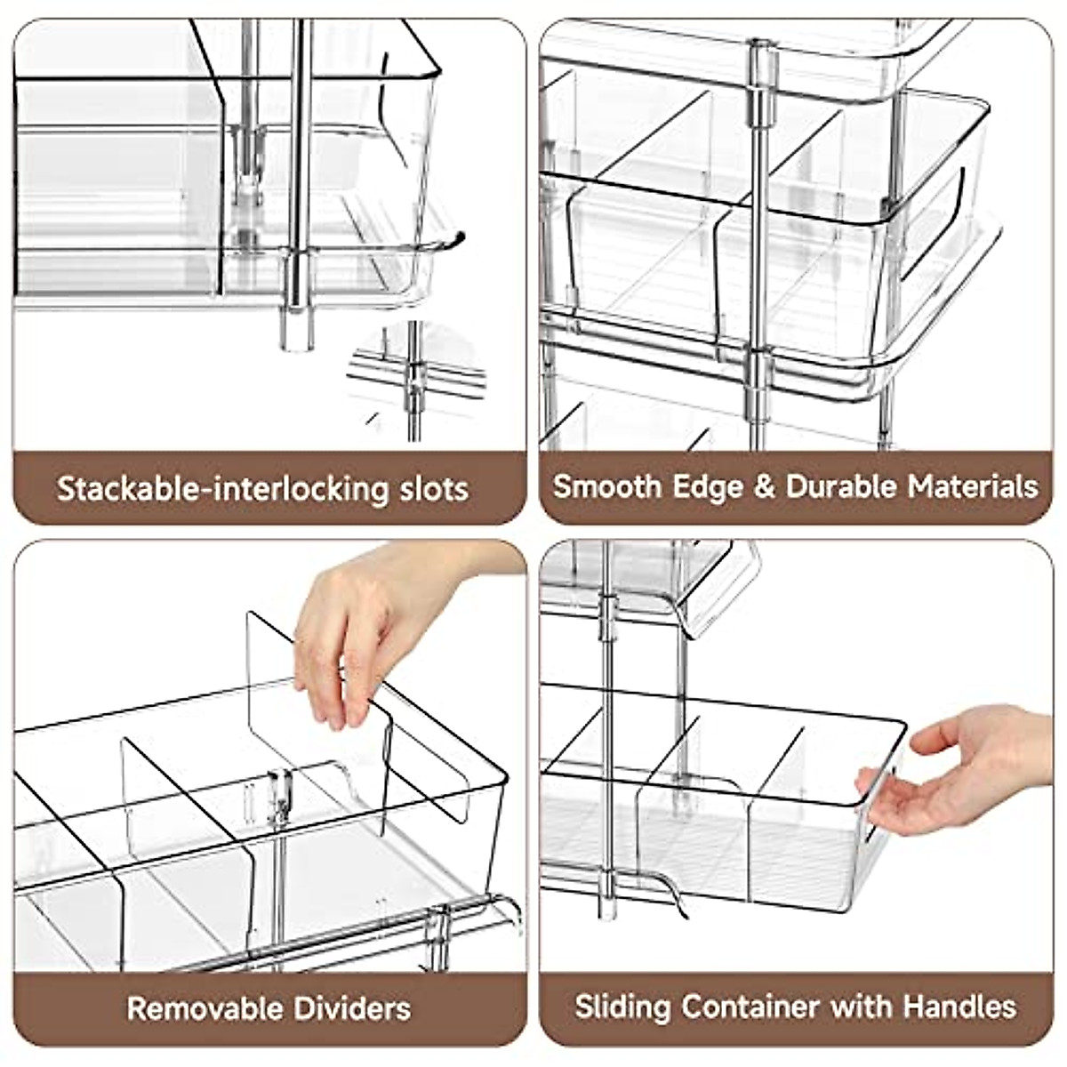 2Set 3 Tier Clear Bathroom Organizer with Dividers, Pull-Out Pantry Organization and Storage, Multi-Purpose Under Sink Organizers and Storage, Vanity Skincare Cosmetic Closet Organizer Medicine Bins