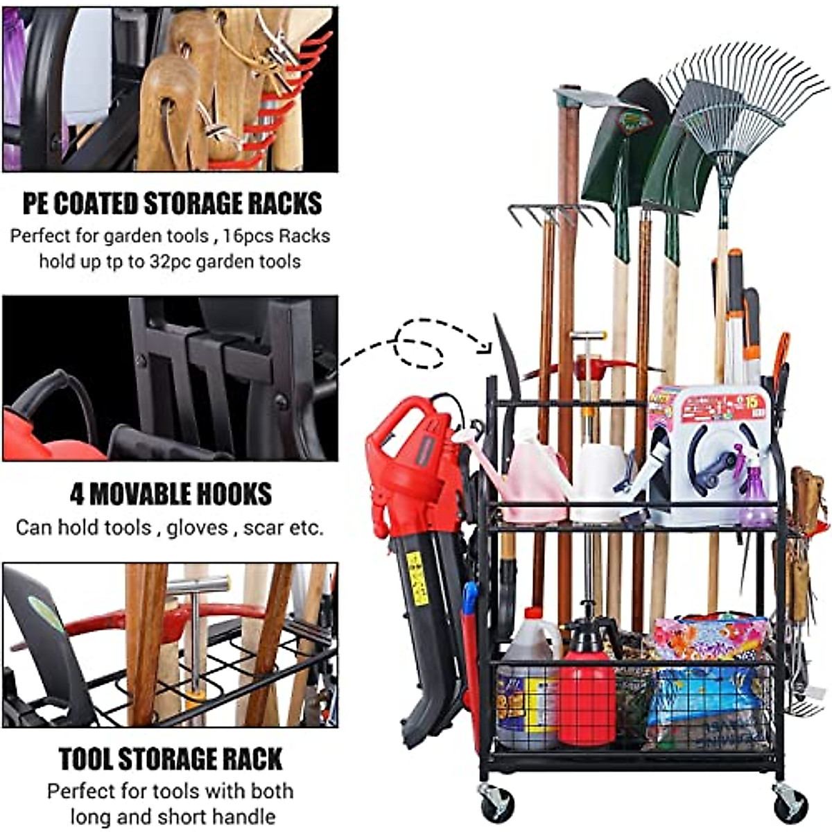 Mythinglogic Garden Tool Organizer for Garage-Yard Tool Racks with Wheels,Garage Organizers and Storage Hold Garden Tools,Yard Tool Holder for Garage/Shed,Garden tool stand