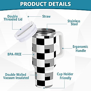 RPLIFE Black and White Checkerboard 40 Oz Tumbler with Handle, Stainless Water Bottle, Insulated Tumbler with Straw