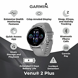 Wearable4U Garmin Venu 2 Plus GPS Multisport Smartwatch, 33 mm with AMOLED Display, Call and Text, Music, Adv HM+FF, Slate Bezel with Black Case Black Earbuds Bundle