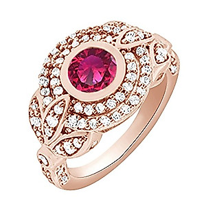 AFFY 2.4 cttw Simulated Pink Sapphire & White Natural Diamond Double Halo Engagement Wedding Ring in 14K Solid Rose Gold with, Ring Size 6.5