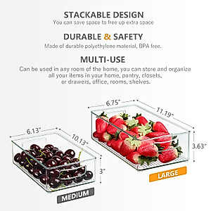 Set Of 6 Clear Fridge Organizers with Handle, The Home Edit and Snack Storage Containers for Kitchen Cabinet, Bathroom, Countertops, Shelves - 3 Large & 3 Medium