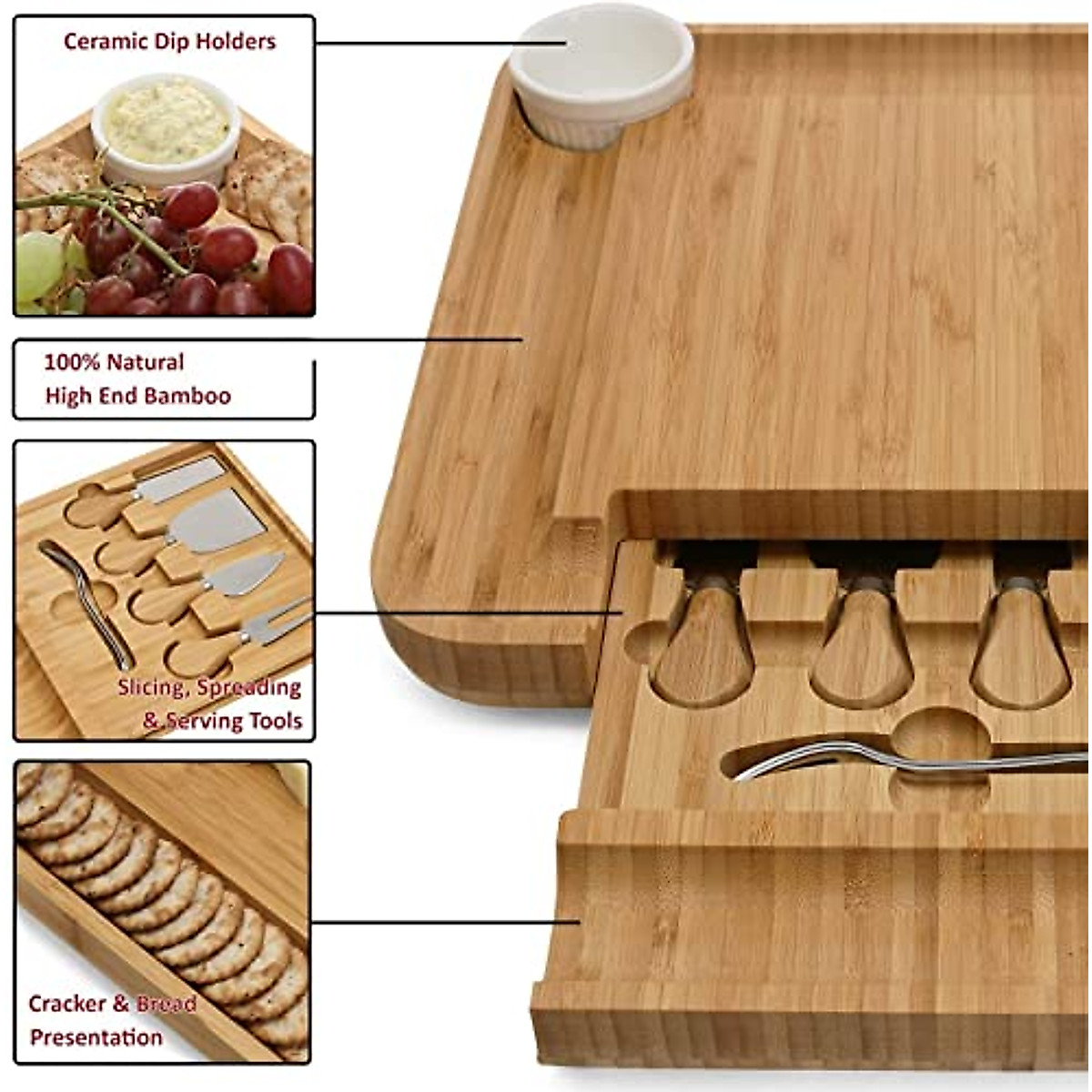 Bamboo Charcuterie Boards Cheese Board Set Premium Large Cheese Platter & Serving Tray 4 Stainless Steel Knife House Warming Gifts New Home Housewarming Gift for Her Mom Wife Women Wedding Anniversary