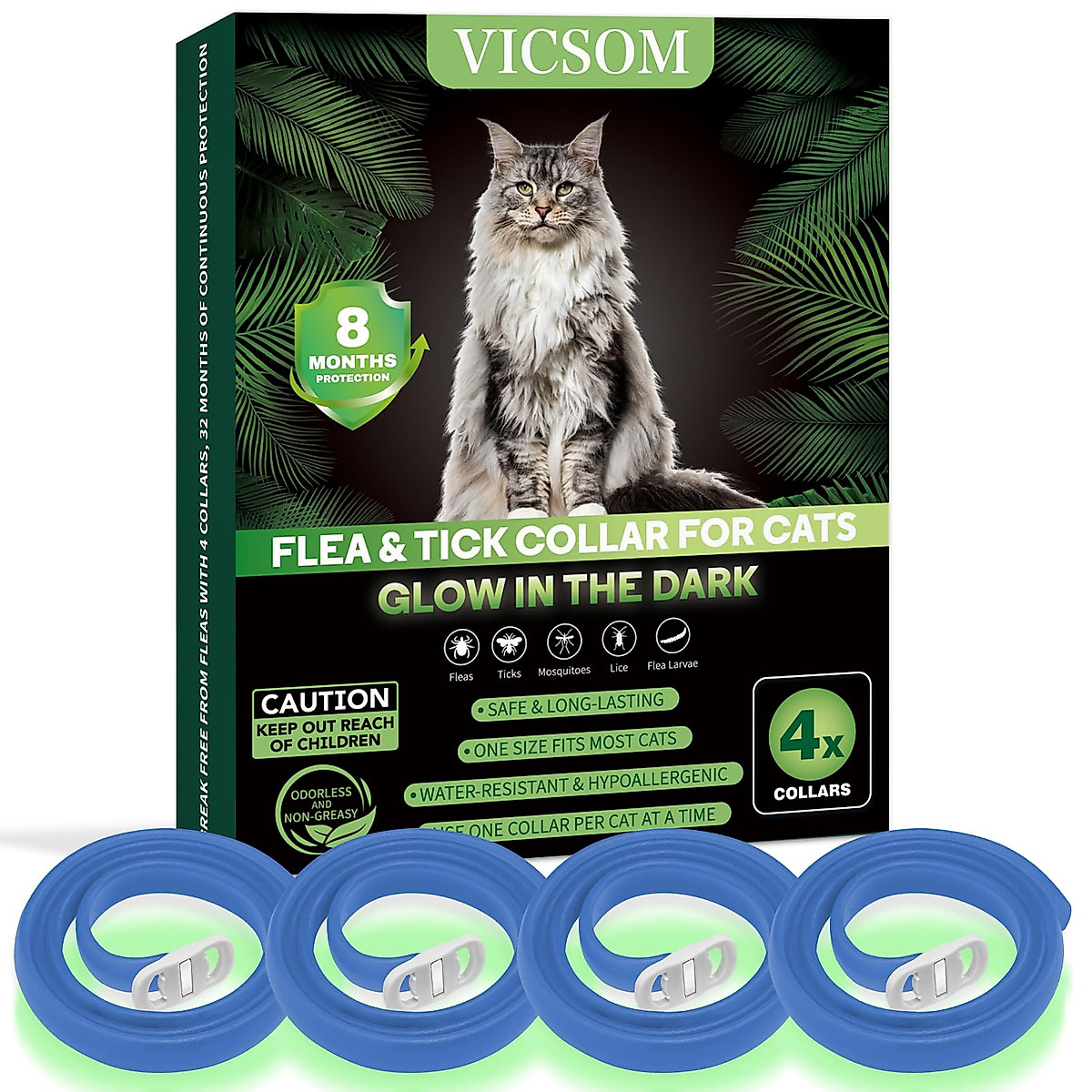 4 Pack Flea Collar for Cats, Cat Flea and Tick Collar Glow in Dark, 8 Months Prevention Cat Flea and Tick Treatment, Waterproof Adjustable Cat Flea Collar, Tick and Flea Collar for Kitten Cat, Blue