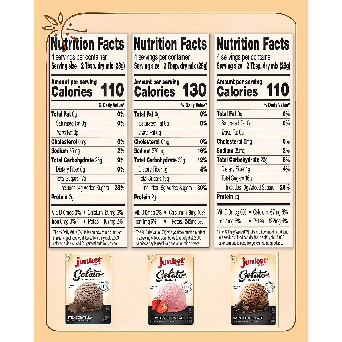 Junket Gelato Mix: Stracciatella (Vanilla Chocolate), Dark Chocolate, and Strawberry Cheesecake, Homemade Gelato Ice Cream Mix for Ice Cream Maker or Stir By Hand, Start to Finish in Minutes, 4 ounce box, Yields 1 quart Gelato (Variety Pack of 6)