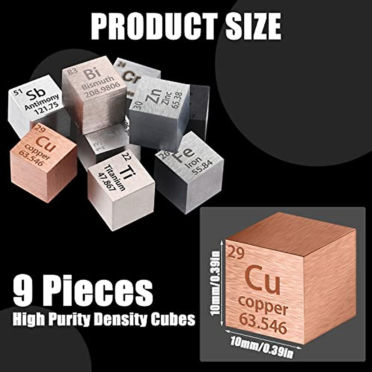 9 Pieces Element Cube Set 10mm Density Cubes Periodic Table Pure Metal Cube Zinc Copper Bismuth Chromium Aluminum Antimony Iron Carbon Titanium for Element Collections Material Hobbies