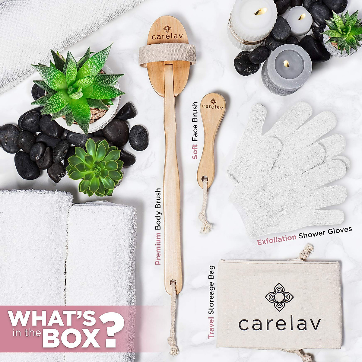 Premium Dry Brushing Body Brush Set, Medium Boar Bristles Dry Scrub Brushes for Face Exfoliating, Cleansing & Lymphatic Drainage, Skin Beauty Brush with Handle + Face Brush + Shower Gloves