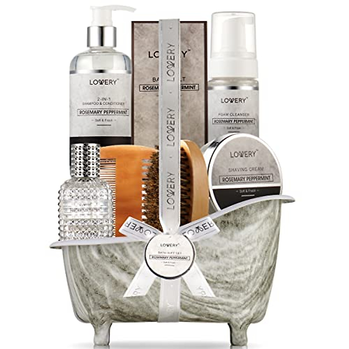 Gifts for Men, Bath and Body Grooming Self Care Baskets, Rosemary Peppermint Birthday Gifts for Dad, Husband, Him Boyfriend, Spa Basket with Pheromone Perfume, Foam Soap, Beard Brush & More