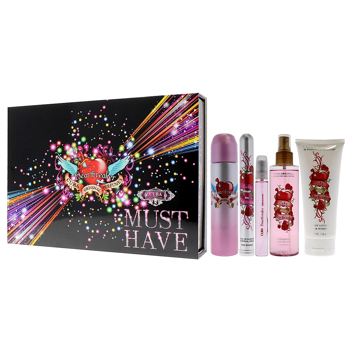 Cuba Cuba Must Have Heartbreaker Women 5 Pc Gift Set 3.4oz EDP Spray, 1.17oz EDP Spray, 0.5oz EDP Spray, 6.7oz Body Spray, 6.7oz Body Splash I0120738
