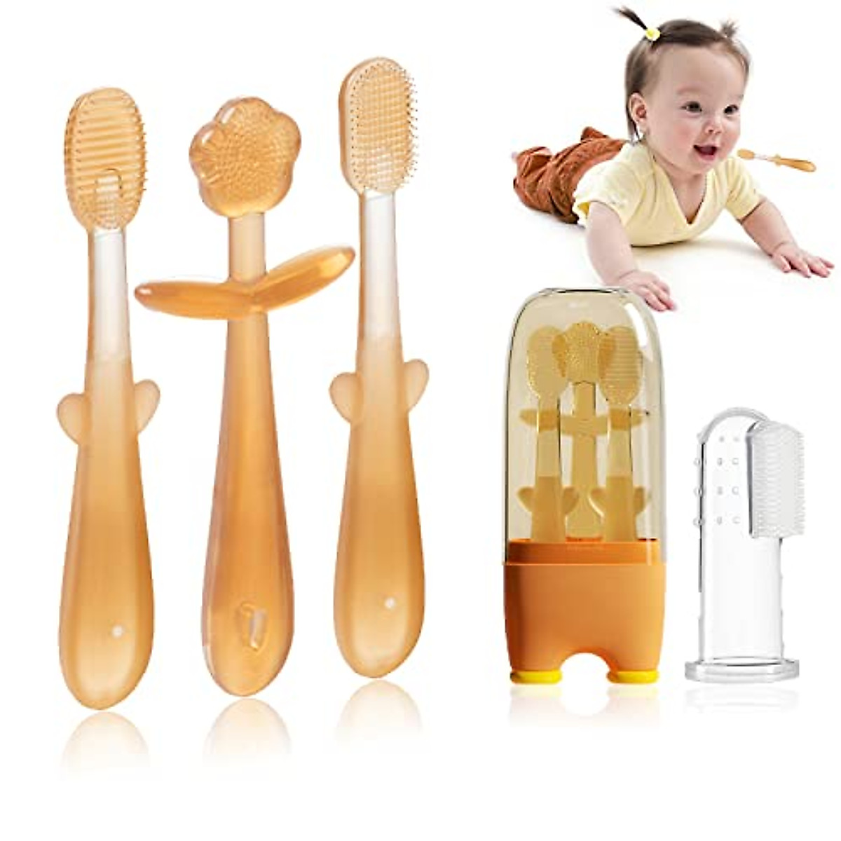 FOKiiBO Baby Silicone Toothbrush Set, Toothbrush + Tongue Brush + Baby Teether + Finger Toothbrush with Cup for Training Teething, 0-18M Infant Toddler Newborn Baby Teeth Brushes (Amber)