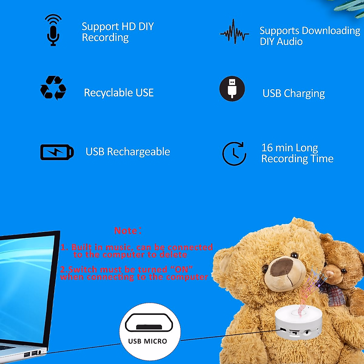 JRGKJCP 16 Minutes Voice Recorder, Record Custom Message for Plush Toy, Stuffed Bear Toy, Baby Doll Toy, and Pillow (2Pack + White)