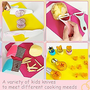 6 Pieces Wooden Kids Safe Knife Set, Parent-Child Games Exercise Hands-On Ability, Include Wood Kids Safe Knife, cake scraper, Plastic potato slicer，Serrated Edges Plastic Toddler Knife
