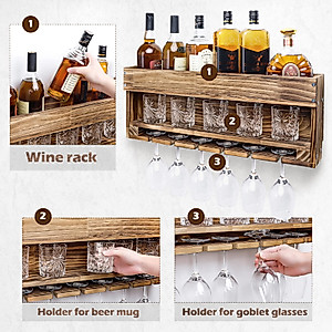 Homde Wine Rack Wall Mounted Wood,Wine Shelf with Bottle Stemware Glass Holder Rustic, Wine Display Storage Rack with Cork Holder for Home Bar Kitchen Decor