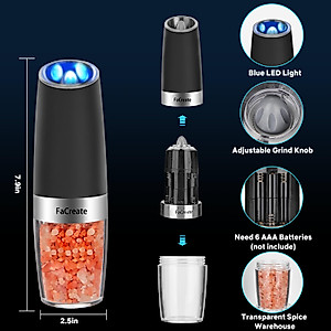 FaCreate Gravity Electric Salt and Pepper Grinder Set,Automatic Operation Electric Salt and Pepper Shakers Set，Battery Powered Adjustable Coarseness Pepper Mill Grinder LED Light, Black (2PACK)