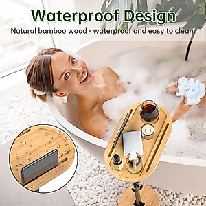 NiHome Bamboo Swivel Sofa Armrest Tray Table for Couch with Thickened Stable Non-Tipping Base, Adjustable Height TV Tray Table, Side Tray Table with 360° Rotating for Bath Tub Hot Tub Bedside Balcony