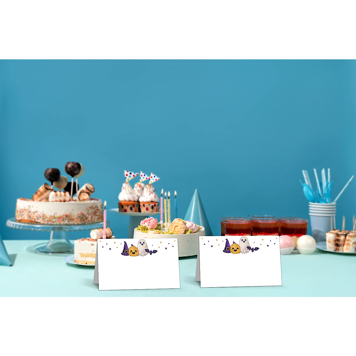 Halloween Table Place Card, 25 Pcs Tent Style Cards Set with Pumpkin and Ghost, Editable Name Cards for Table Seating, Scored for Easy Folding, Food Lables for Halloween Party (01)