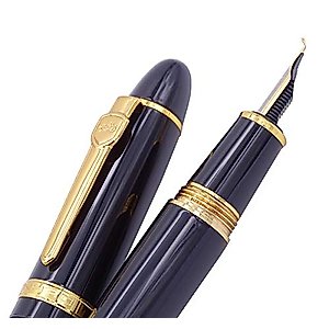 Jinhao 159 Fountain Pen, Fude Pen Bent Nib, Black Lacquer Gold Trim Big Heavy Pen with Pouch and Ink Converter