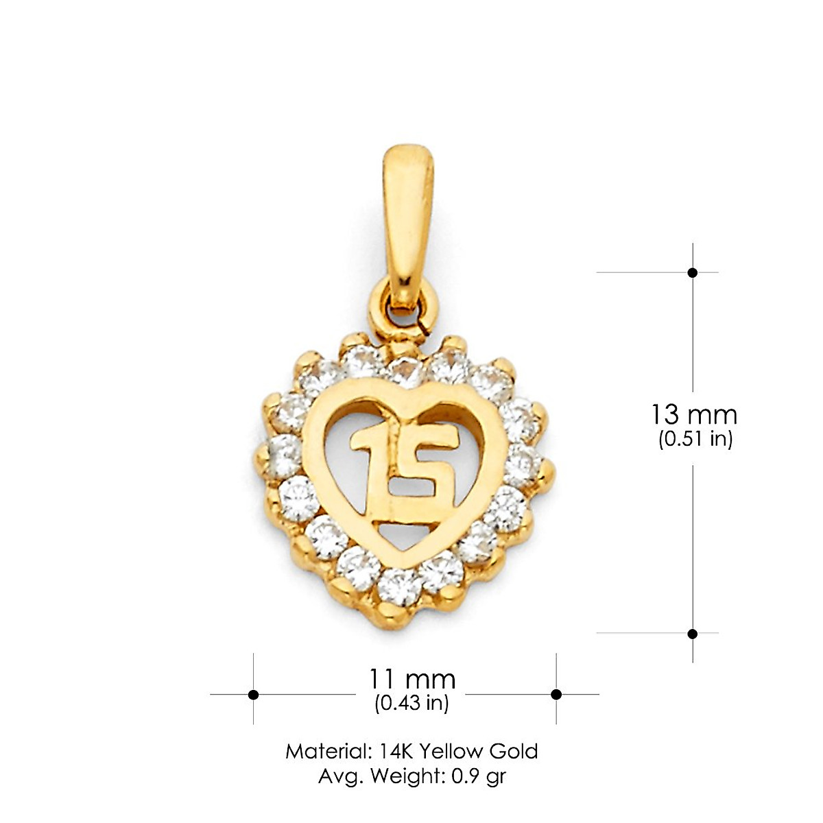Ioka 14K Yellow Gold Sweet 15 Years Quinceanera Heart Cubic Zirconia CZ Charm Pendant with 1.2mm Figaro 3+1 Chain Necklace - 20"