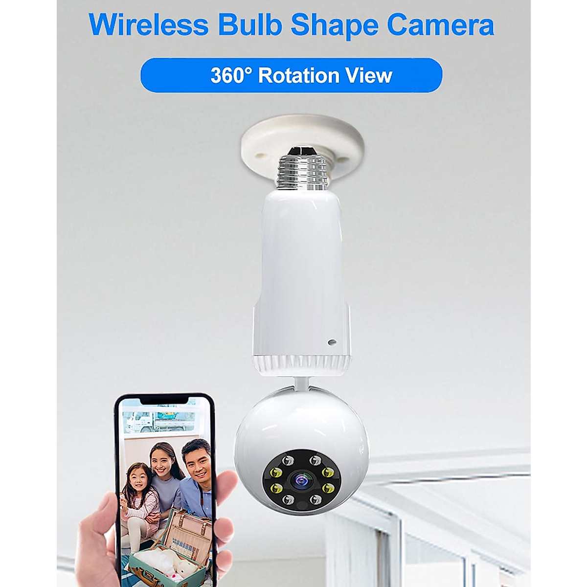 EVERSECU 2MP 1080P Wireless Lightbulb Powered PTZ Security Camera with E27 Bulb Connector, Motion Auto Tracking, Two Way Audio, Night Vision, 2.4ghz WiFi IP PTZ CCTV Camera