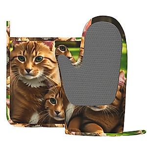Four Cats Silicone Oven Mitts Pot Holder Sets 2pcs Cute Design Washable Non Slip Kitchen Heat Resistant Mat Women's Cooking Gloves for Baking and BBQ Wear