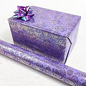 LDGOOAEL Mini Short Small Wrapping Paper Roll - Reversible Design (17" X 120") - Purple Rose with Metallic Gold Foil for Holiday, Mothers Day, Birthday, Wedding, Baby Shower