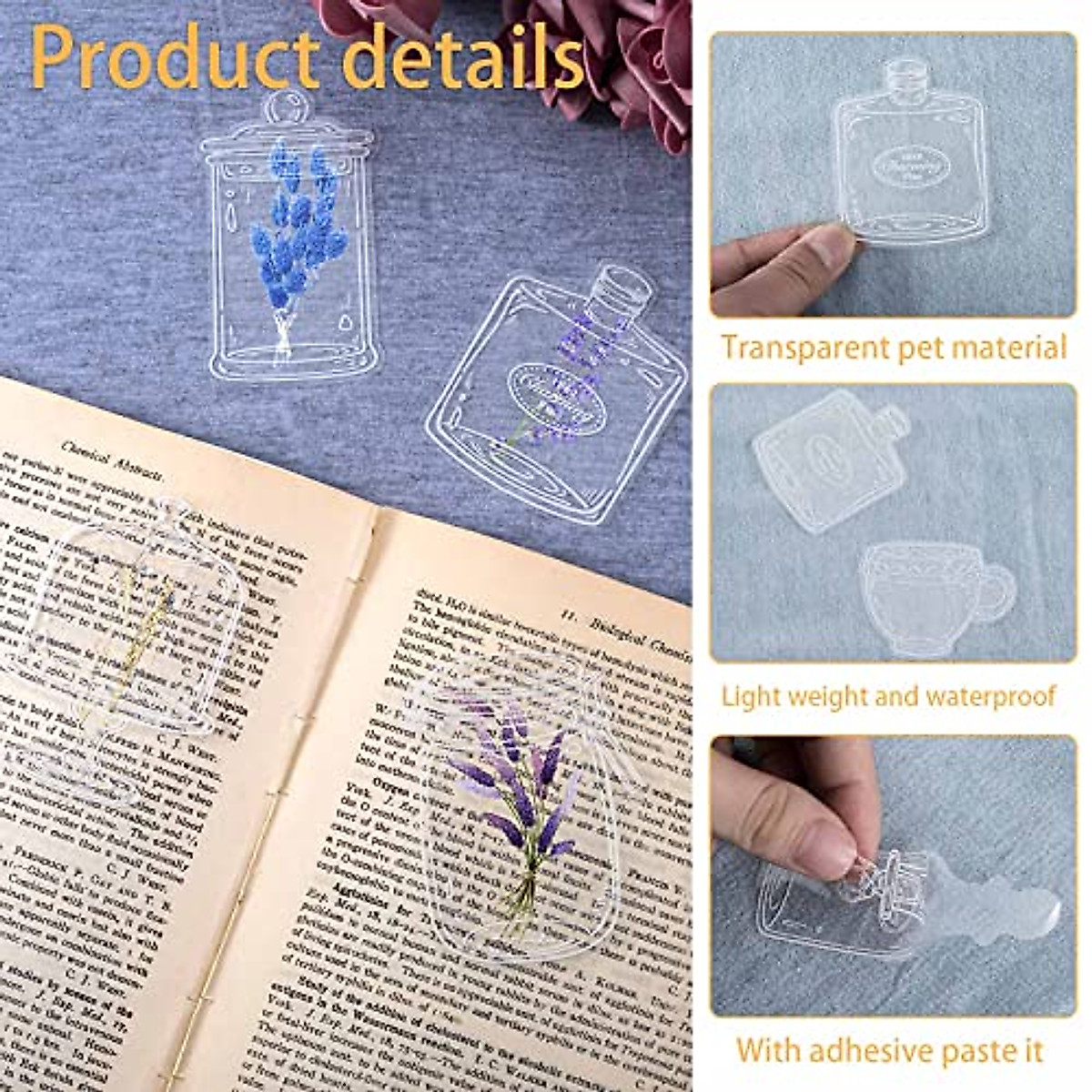 PAGOW 60PCS Transparent Dried Flower Bookmarks Stickers Craft Clear Drift Bottle Page Clips Handmade DIY Beautiful Glassware Decal(6 Size)