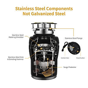 MAX DISPOSER Garbage Disposal 1/2 HP Easy install Quiet with Stopper Power Cord, Kitchen sink Food Waste Disposer Continuous Feed, Stainless Steel Grind Half Horsepower AC Motor Unit (MAX-3)