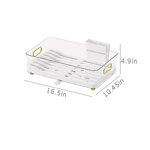 ENTERLIFE Plastic Dish Drying Rack for Kitchen Counter Rustproof Removable Cutlery Holder, Sink Organizer Dish Rack Drainboard ，Multifunctional Vegetable and Fruit Drain Rack（Clear）