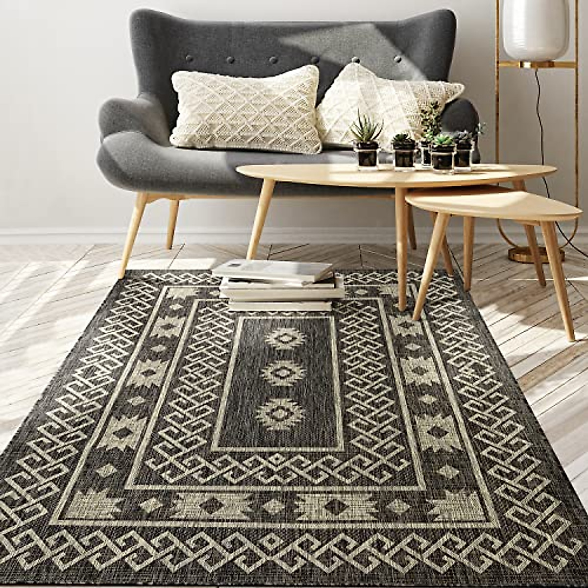 Antep Rugs Patio 6x9 Outdoor/Indoor Southwest Aztec Native Area Rug (Gray, 6'7" x 9')