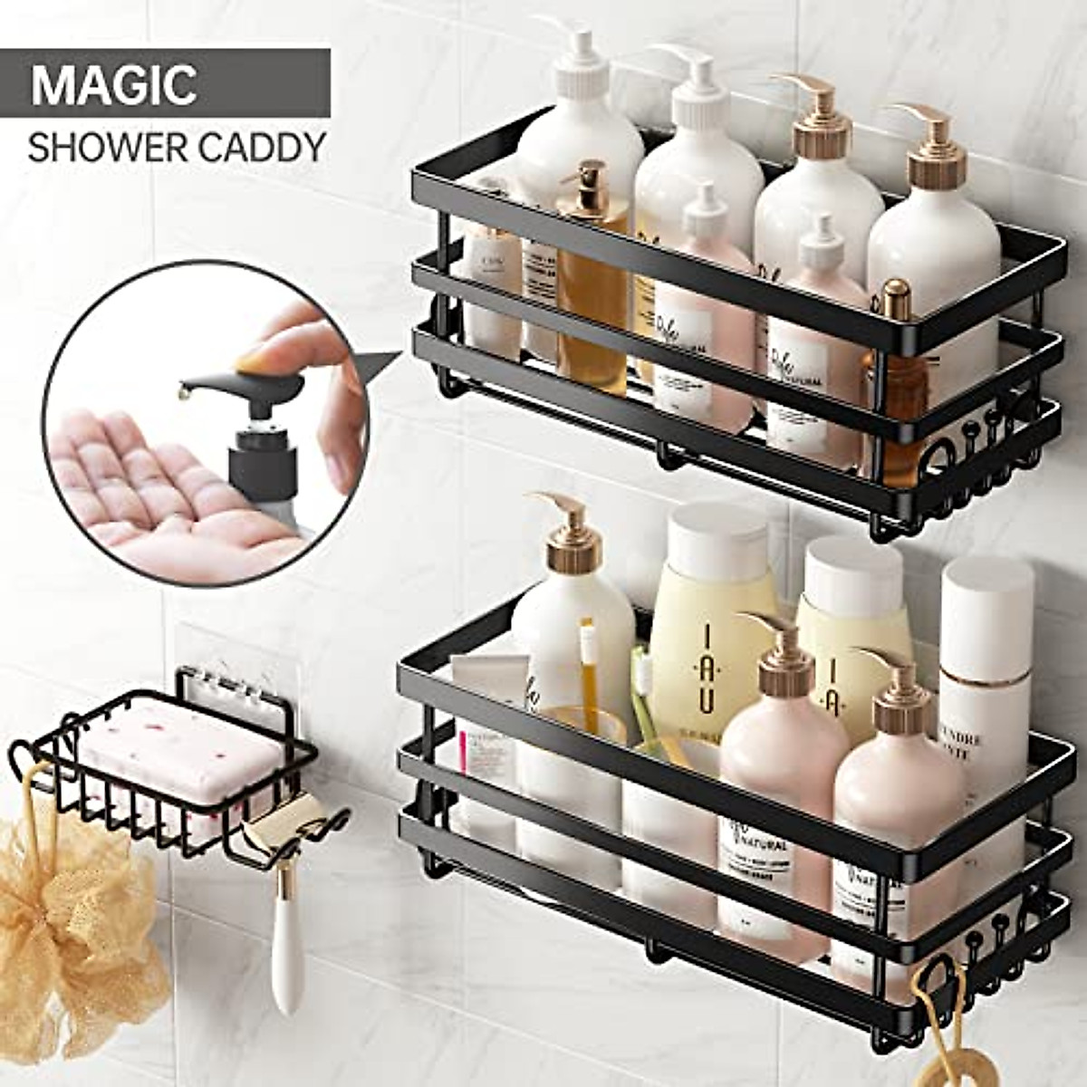 WeeProp 3 Pack Shower Caddy, Bathroom Shower Organizer with Soap Holder, 16 Hooks, Adhesive Shower Shelf for Inside Shower with High Fence, Rustproof Stainless Steel Shower Storage Rack(Black)