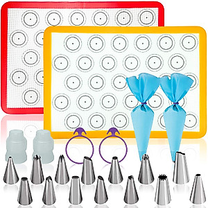 Tailpa Macaron Baking Kit Silicone Mat(22 Pcs Set), Macaron Baking Supplies, Baking Set of 2 Half Sheet Macaron Silicone Mats (16.5"x11.5"), 14 Piping Tip, 2 Piping Bag,2 Bag Tie, 2 Coupler