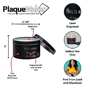 Personalized 8-oz Soy Candle in Black Metal Tin - Include Your Custom Text and Artwork - Select from a Variety of Scents - Engraved with Silver Lettering and Art (Fresh Pine)