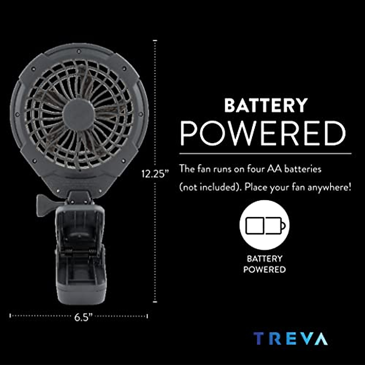 Treva 5 Inch Two Speed Battery & USB Powered Clip On Fan - Slim and Portable Cooling Travel Fan with USB - Gray