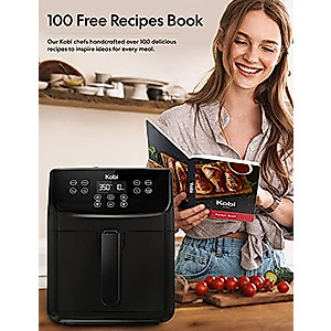 Kobi Air Fryer, XL 5.8 Quart,1700-Watt Electric Hot Air Fryers Oven & Oilless Cooker, LED Display, 8 Preset Programs, Shake Reminder, for Roasting, Nonstick Basket, ETL Listed (100 Recipes Book Included) (Black)