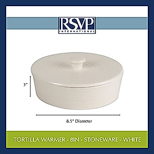 RSVP International Stoneware Tortilla Warmer & Server with Lid, Dishwasher, Microwave and Oven Safe, 8" Dia x 3", White