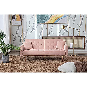 iDFURLF Mid Century Modern Velvet Fabric Couch Convertible Futon Sofa Bed Recliner Couch Accent Sofa Loveseat Sofa with Gold Metal Feet (59 Pink)