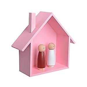 Cabilock Wooden House-Shaped Wall Storage Shelf Display Box Plant Pot Rack Holder Organizer for Bedroom Kids Room Kitchen (Pink)