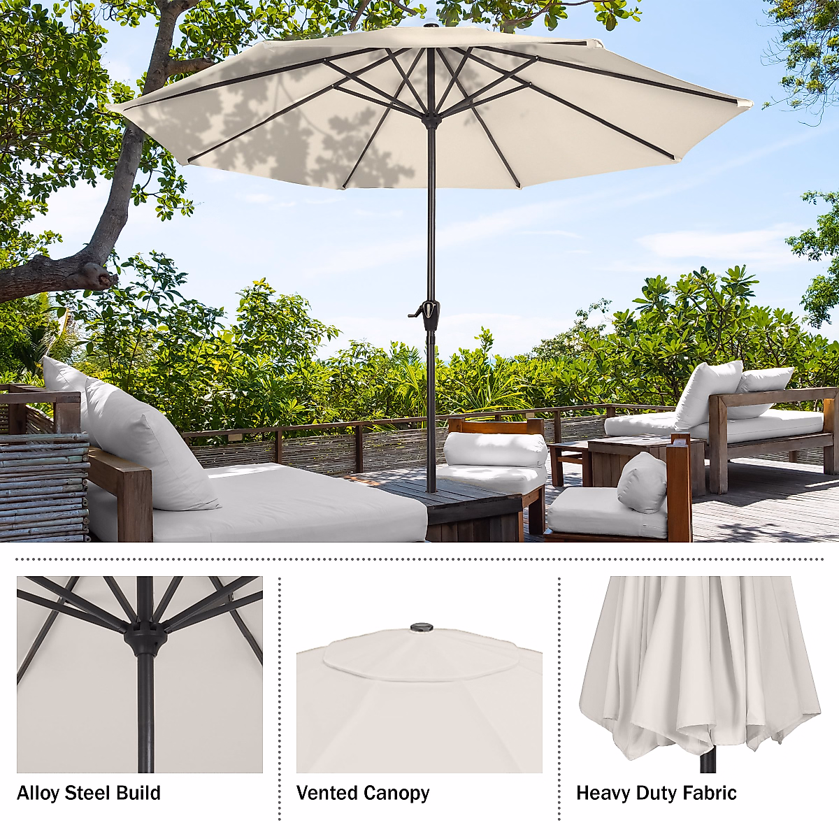 Pure Garden Patio Umbrella with Vented Canopy - 9FT Easy Crank Outdoor Umbrella for Shade - For Deck, Balcony, Porch, Backyard, or Pool (Tan)