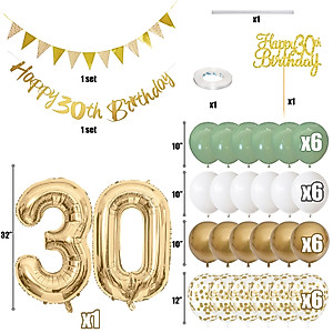 30th Birthday Decorations for Women Men, Happy 30th Birthday Banner with Birthday Cake Topper Number 30 Foil Balloon Sage Green White Gold Birthday Balloons for 30 Year Old Birthday Party Decoration