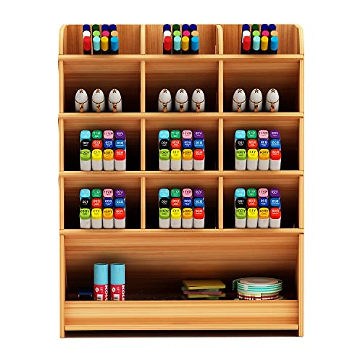 ShellKingdom Wooden Desk Organizer, Desktop Stationery Holder for Pen Pencil Markers, Makeup Brushes, Lipsticks Storage, with 13 Compartments for Home Office School