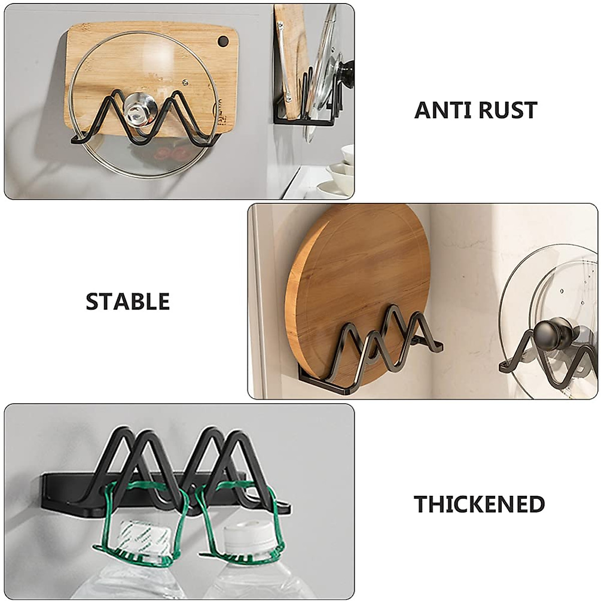 Cabilock Pot Lid Rack Wall Mounted Adhesive Pan Pot Cover Storage Rack Shelf Chopping Board Holder Drain Rack for Kitchen Home