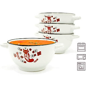20-ounce Footed Ceramic White Soup Cereal Bowls with Handles - Set of 4 - Fox Folk Art Dinnerware Crocks