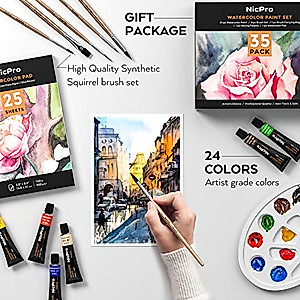 Nicpro 60PCS Watercolor Paint Kit, Professional Painting Supplies Set 24 Tube Water Color Paints, 8 Synthetic Squirrel Brushes, 25 Paper Pad, Palette, Color Wheel for Artists, Beginners, Kids, Adults