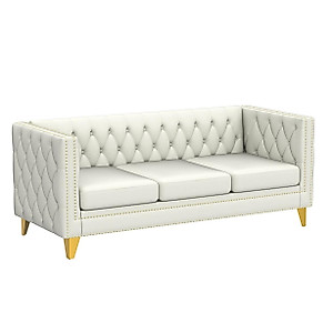 Antetek Comfy Upholstered Couches for Living Room, 80-inch Modern Button Tufted 3-Seater Sofa w/Square Arm, 4 Golden Metal Legs and Gold Nail Heads for Living Room, Office, Apartment, Beige